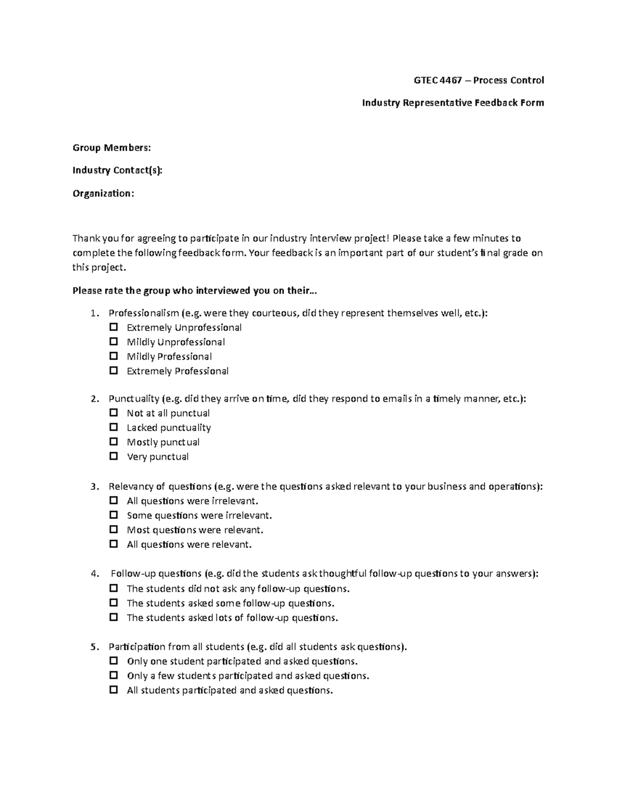 GTEC 4467 - Industry Feedback Form - GTEC 4467 – Process Control ...