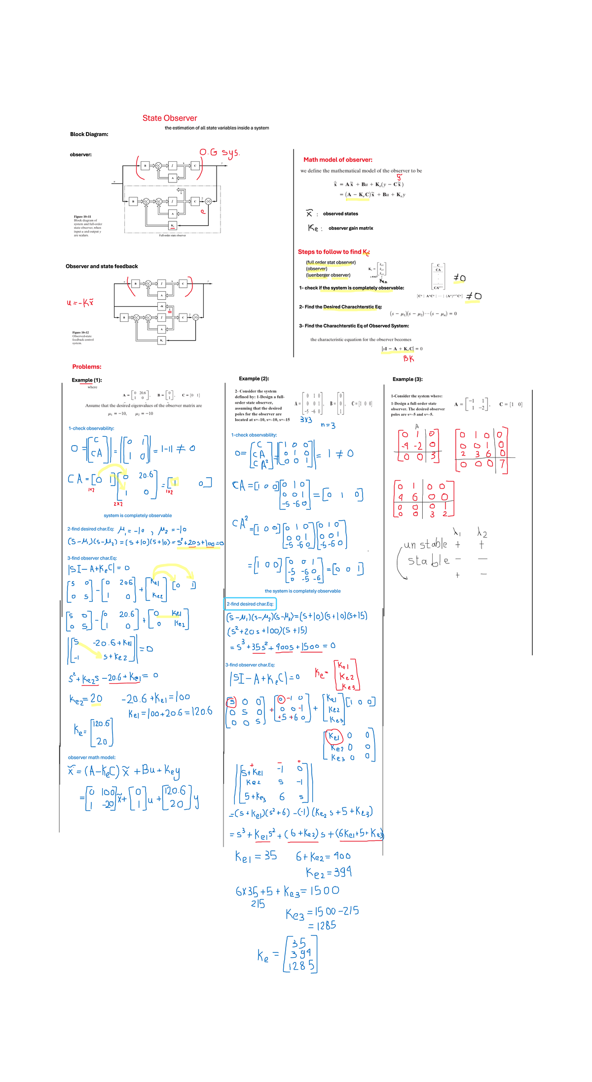 State Observer - optimal sheet - State Observer Block Diagram: observer ...