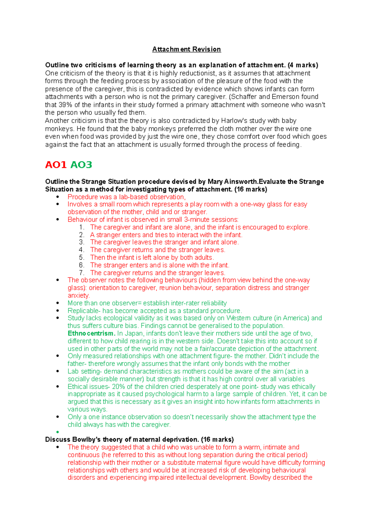 Attachment Revision - asdfghjkl - Attachment Revision Outline two criticisms of learning theory ...