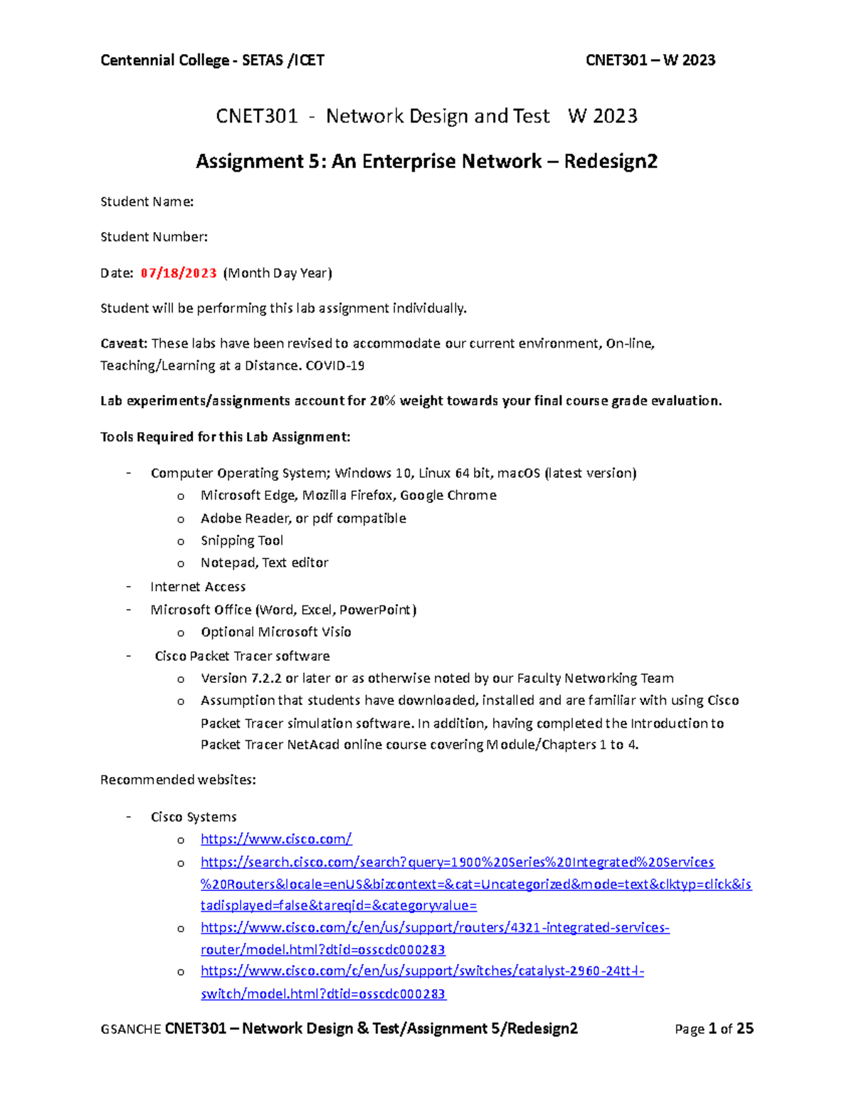 CNET301 Assignment 5 - An Enterprise Network Redesign 2 - W2023 rev1 - CNET301 - Network Design ...
