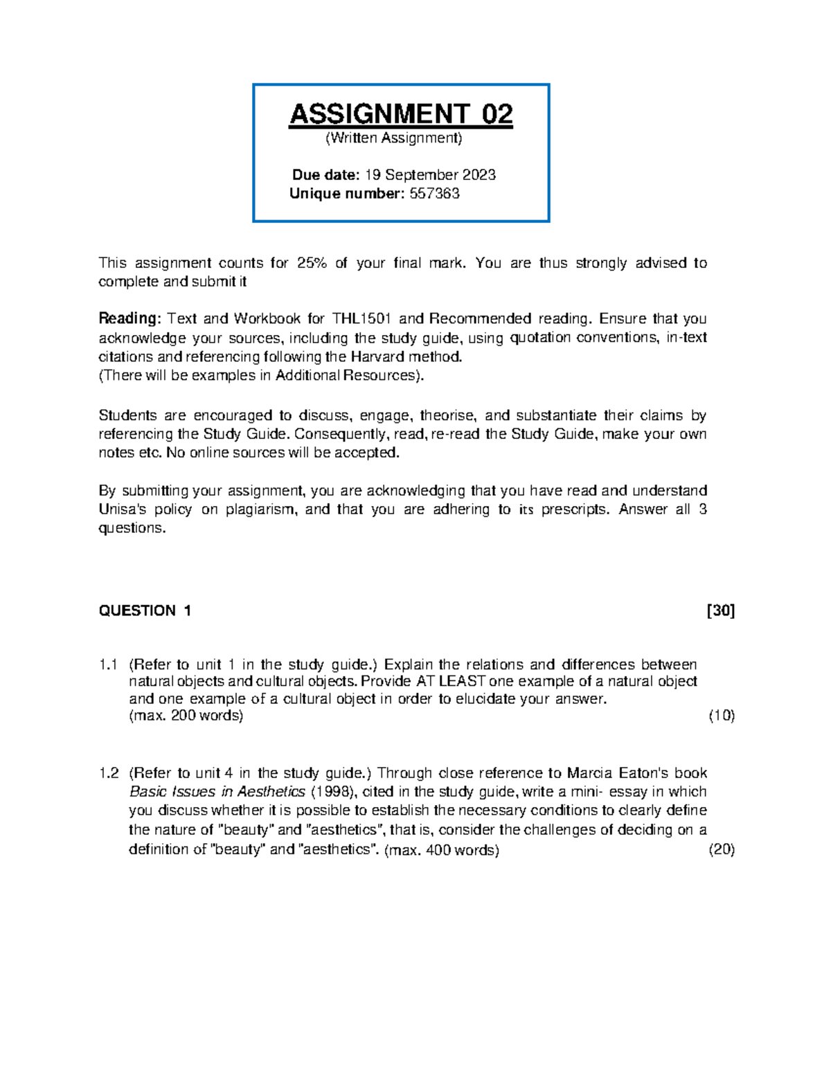 THL1501 Assignment 2 S2 2023 - ASSIGNMENT 02 (Written Assignment ) Due date: 19 September 2023 ...