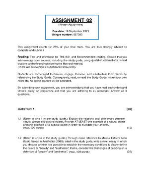 THL1501 Assign 2 2023 S1 - ASSIGNMENT 02 (Written Assignment) Due date: 14 April 2023 Unique ...