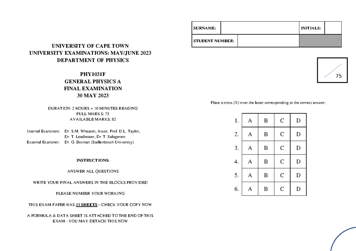 PHY1031 F June 2023 Exam - UNIVERSITY OF CAPE TOWN UNIVERSITY ...