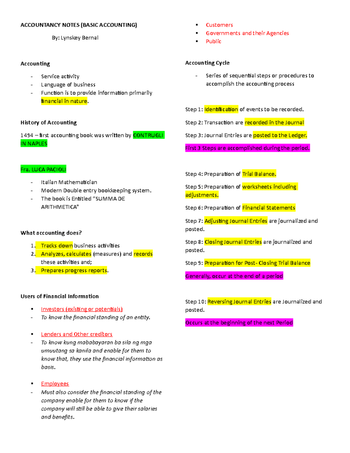 Accountancy Notes - ACCOUNTANCY NOTES (BASIC ACCOUNTING) By: Lynskey ...