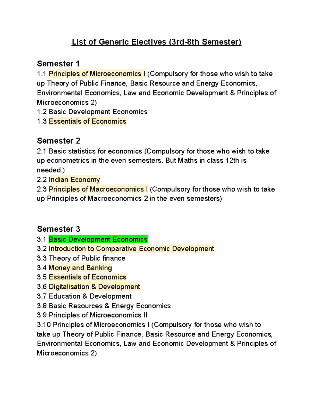 Eco Dept. GE Options 2023-2026 - List of Generic Electives (3rd-8th Semester) Semester 1 1 - Studocu
