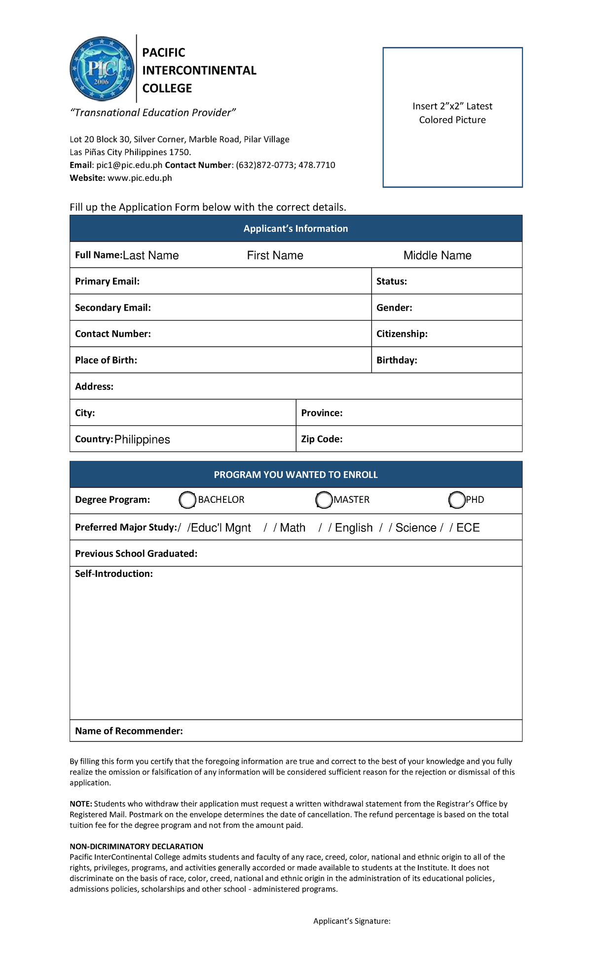 Enrolment-form-PIC - Insert 2”x2” Latest Colored Picture PACIFIC ...
