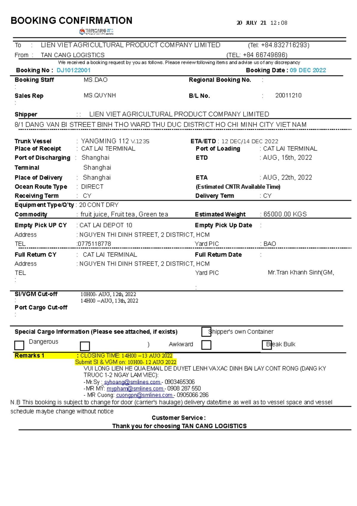 Booking Confirmation - logistics - BOOKING CONFIRMATION 20 JULY 21 12 ...
