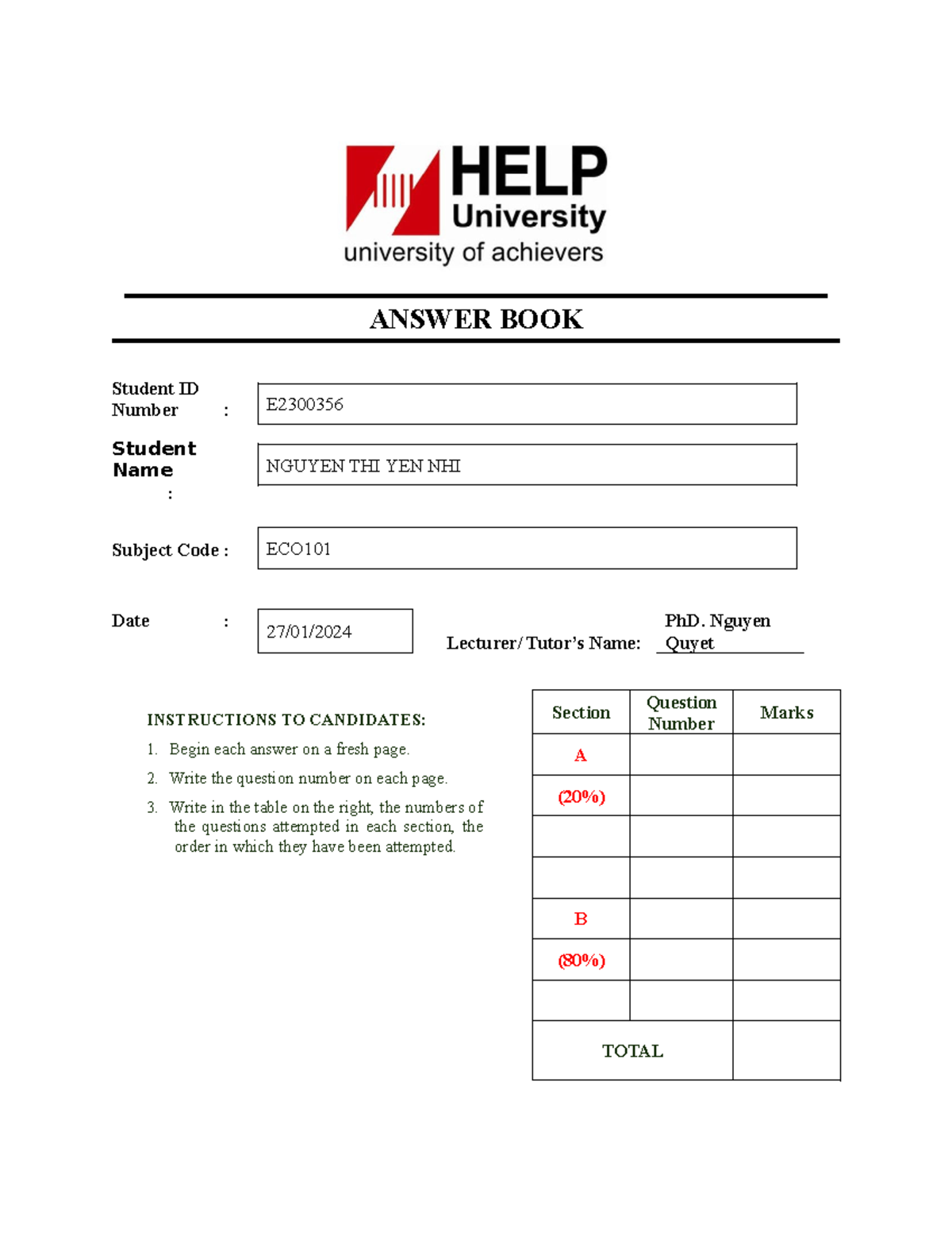 eco individual assignment - ANSWER BOOK Student ID Number : Student ...
