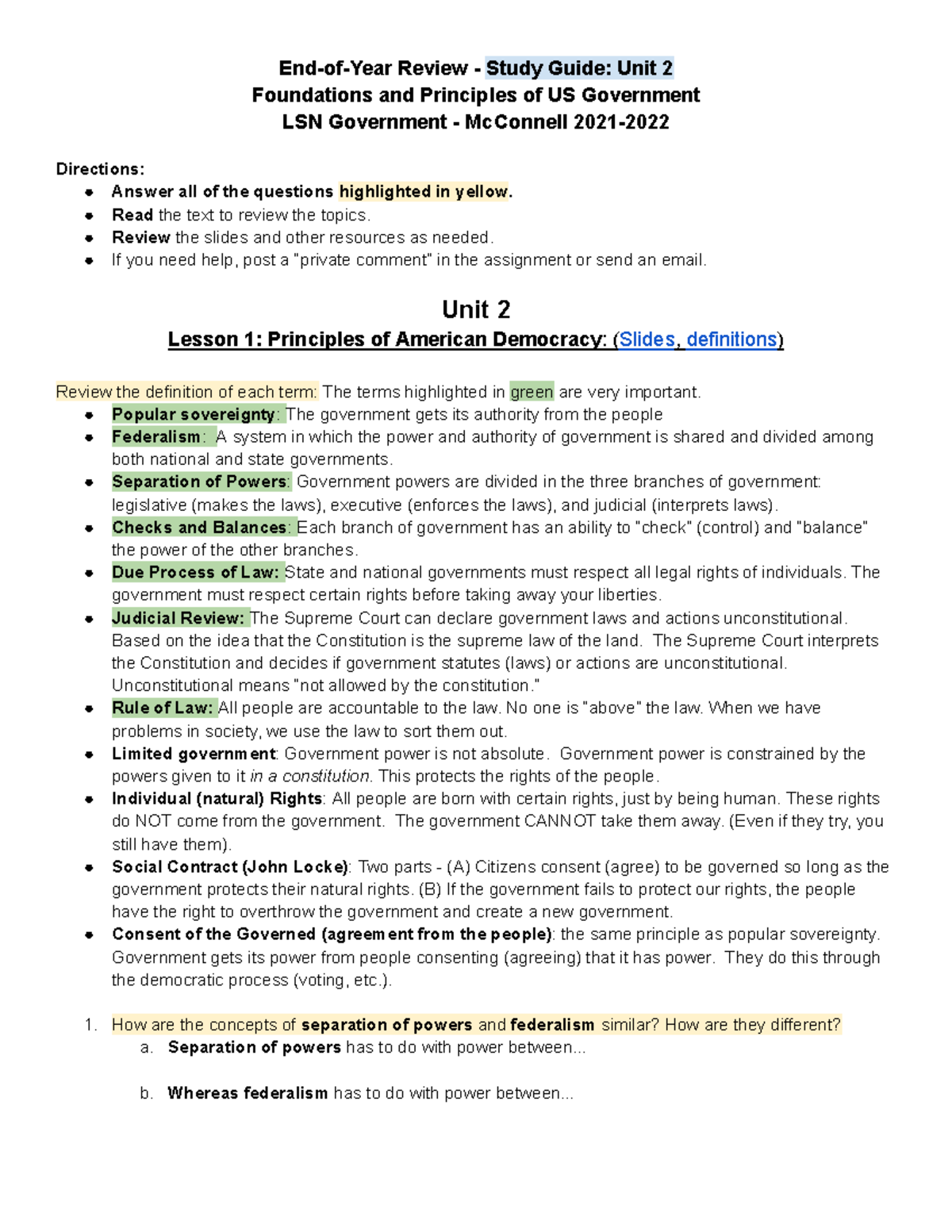 - End of Year Review Study Guide Unit 2 - Foundations and Principles of ...