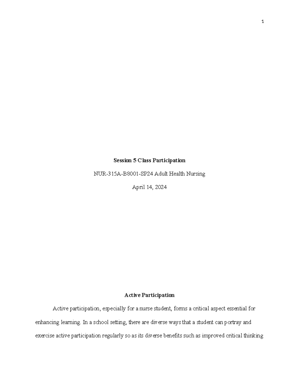 Class Participation - Session 5 Class Participation NUR-315A-B8001-SP24 ...