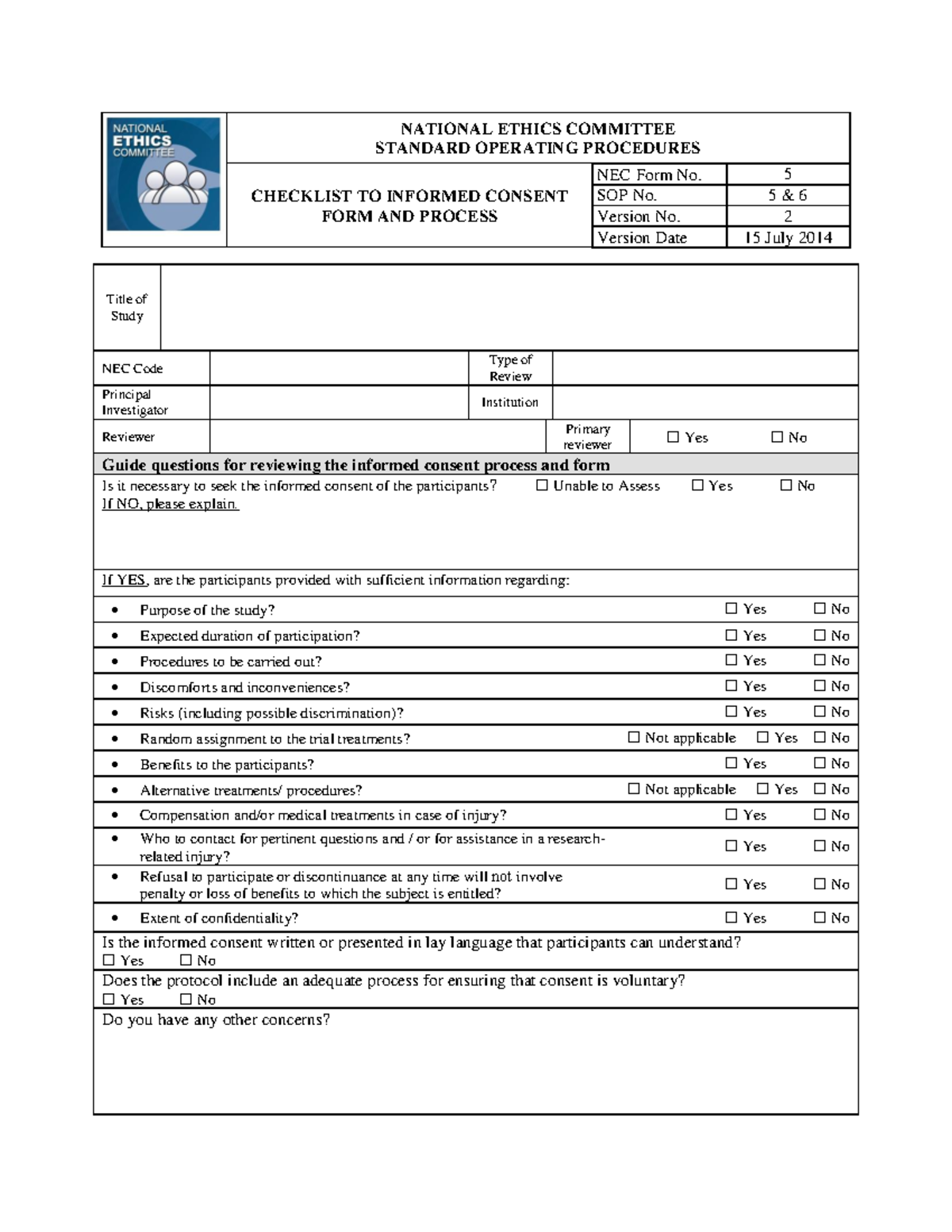 NEC Form 05 - ICF Checklist - NATIONAL ETHICS COMMITTEE STANDARD ...