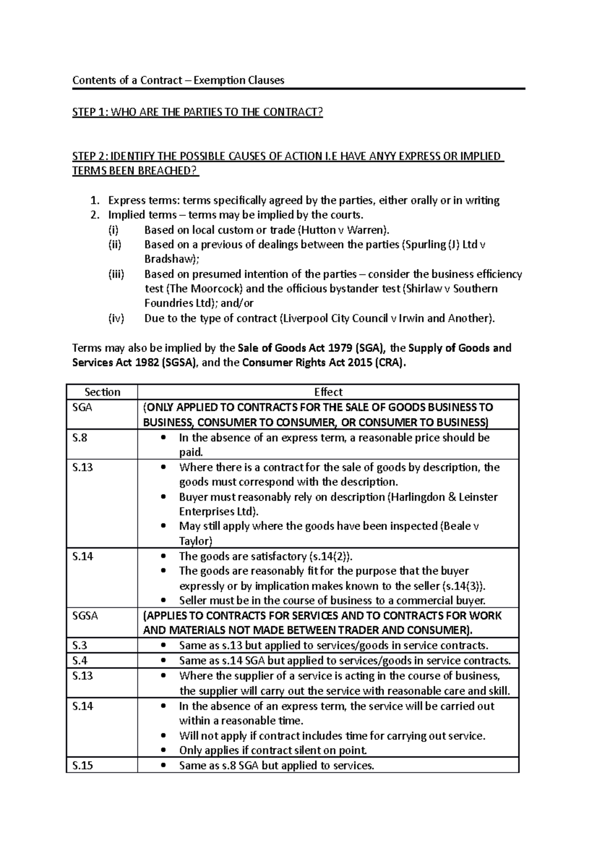 3. Contents of a Contract – Exemption Clauses - Contents of a Contract ...