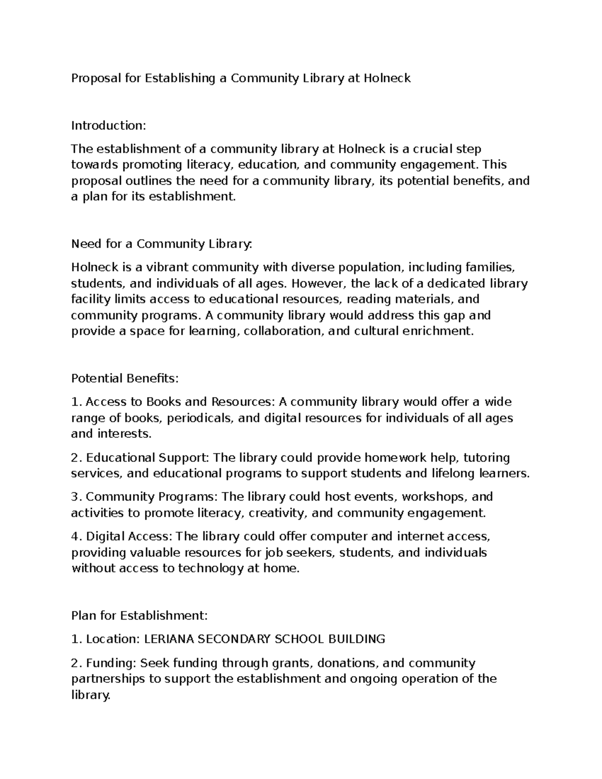Proposal TO Establish A Community Library AT Holneck - Proposal for ...