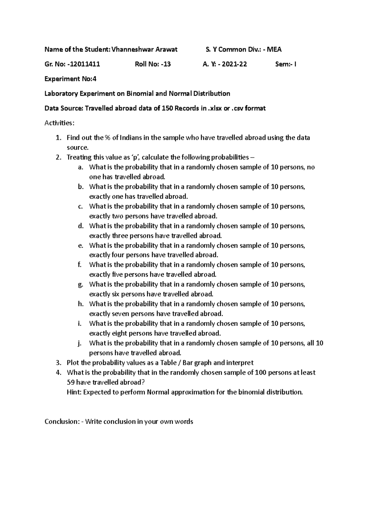 13 Exp No 4 - Laboratory Experiment on Binomial and Normal Distribution ...
