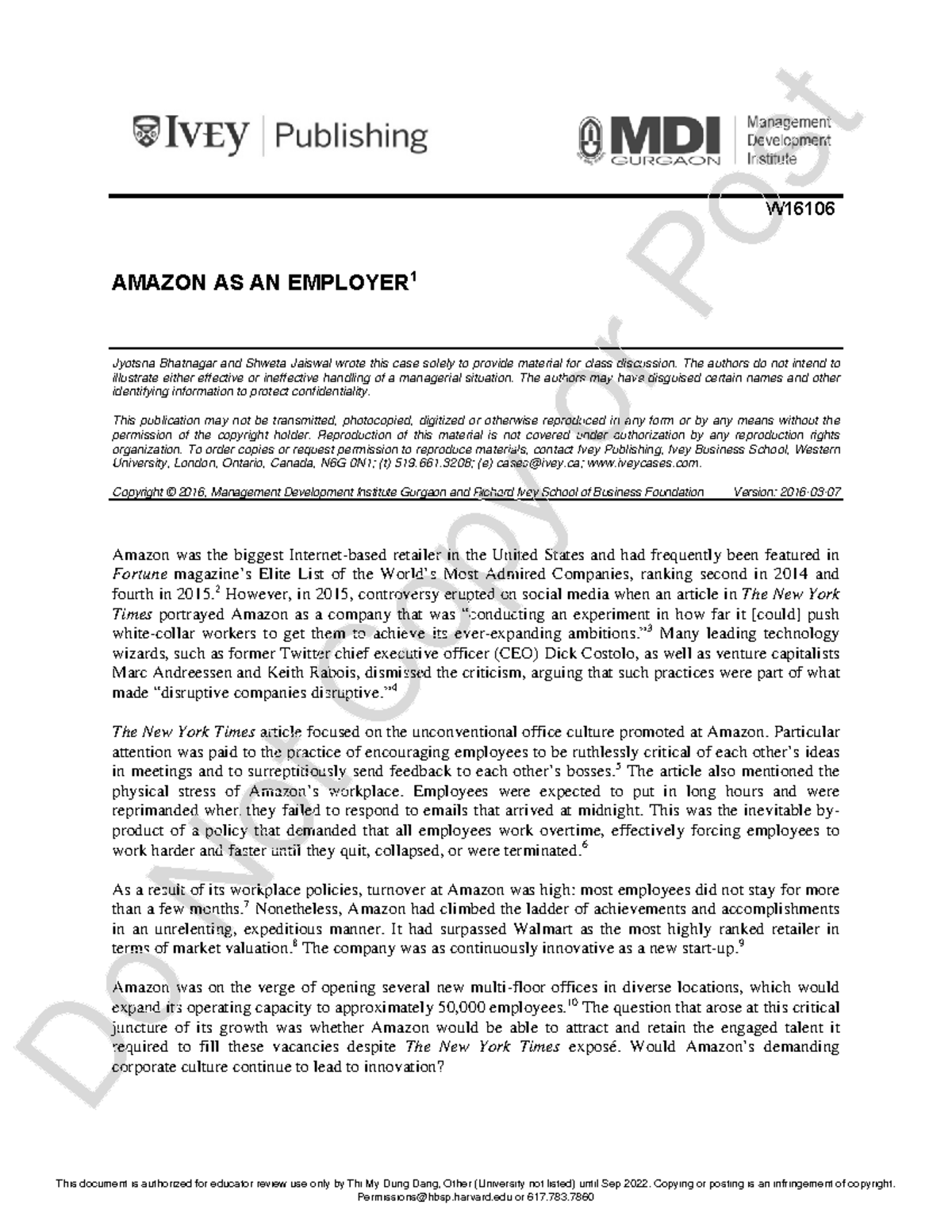 Amazon HRM Note Case Study 2022 - W AMAZON AS AN EMPLOYER 1 Jyotsna ...