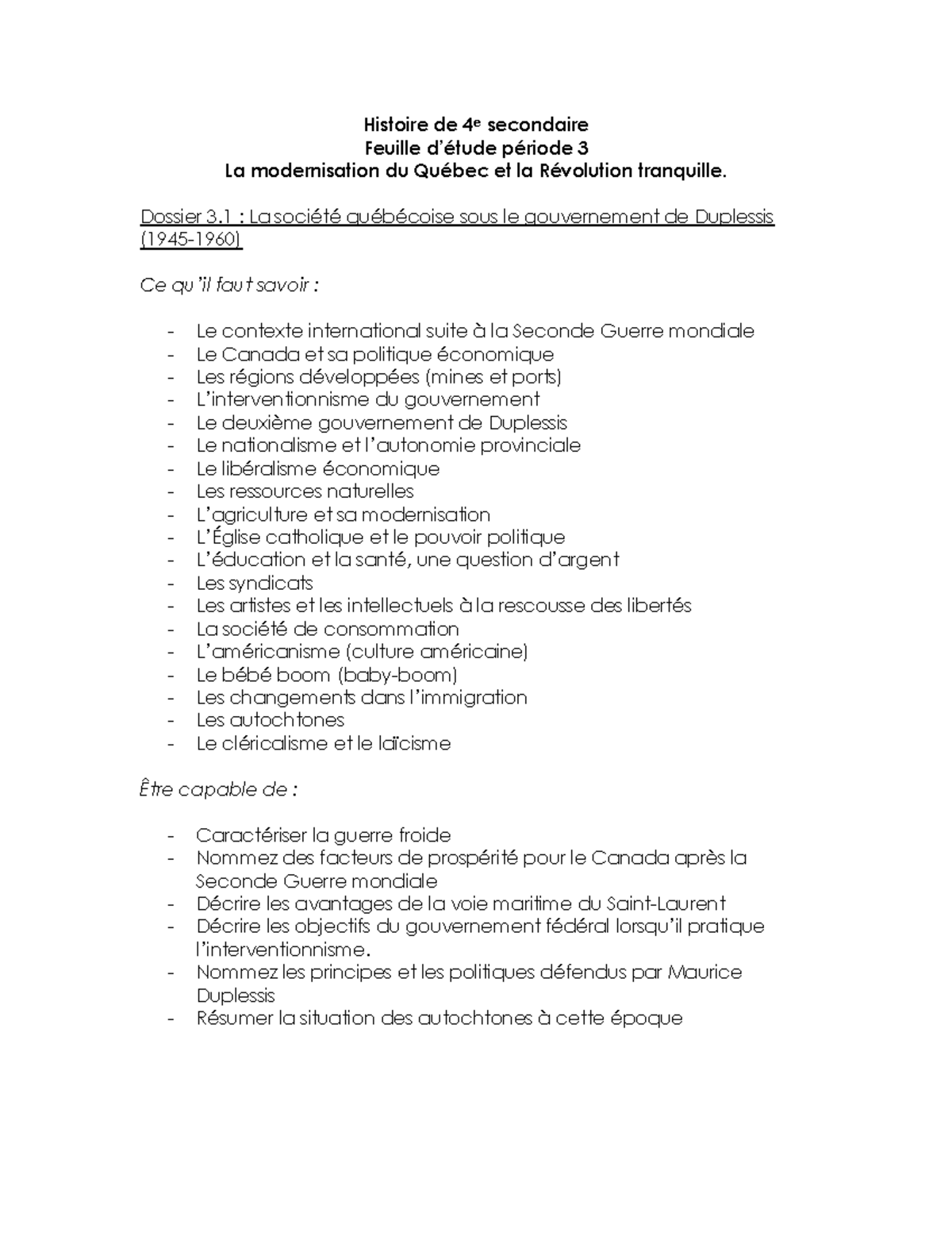 Révision 1 - Revision - Histoire de 4e secondaire Feuille d’étude ...