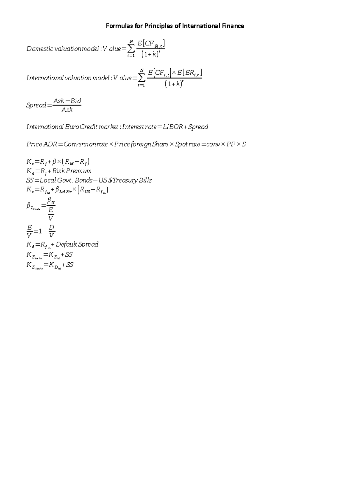 Formulas for Principles of International Finance - Formulas for ...