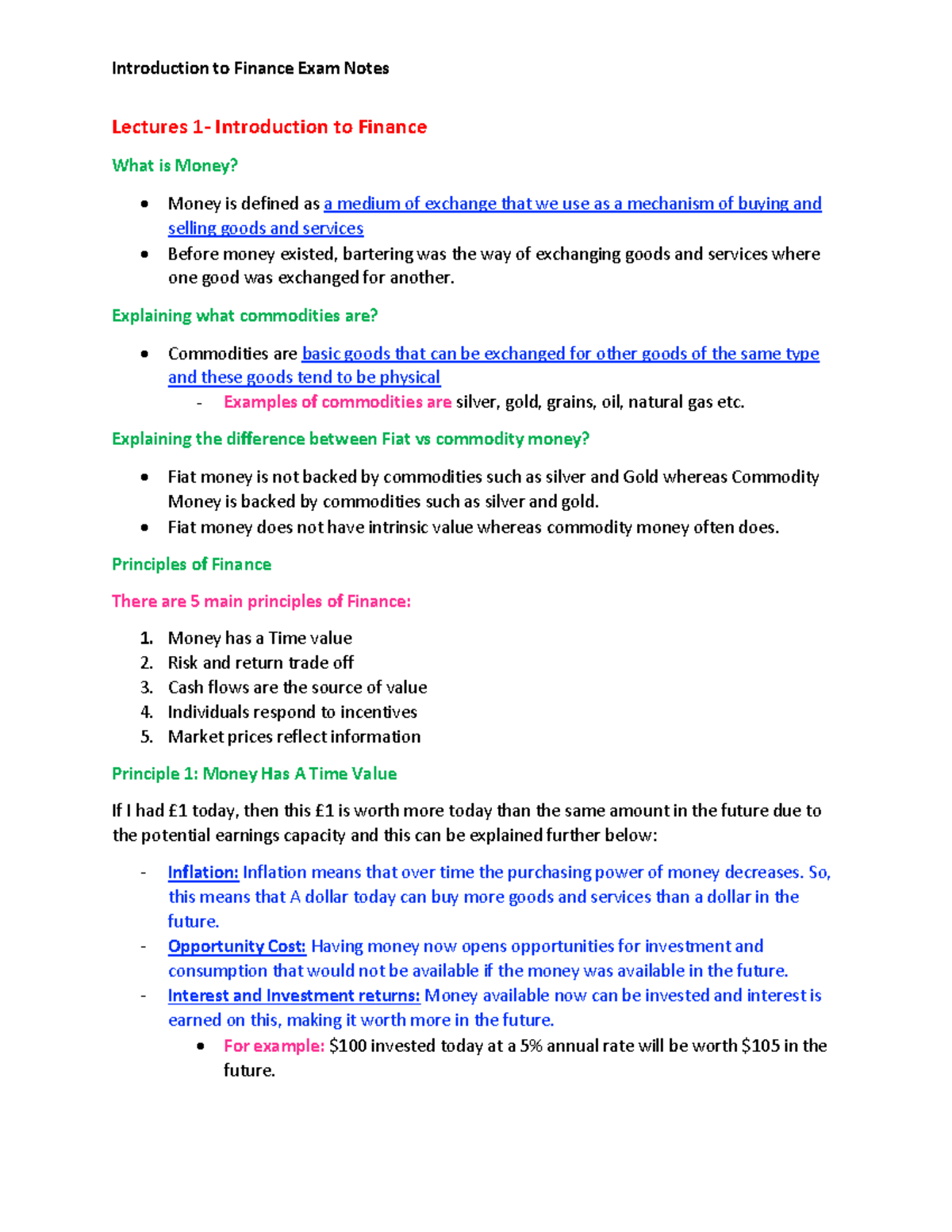 Introduction to Finance Exam notes - Lectures 1 - Introduction to ...