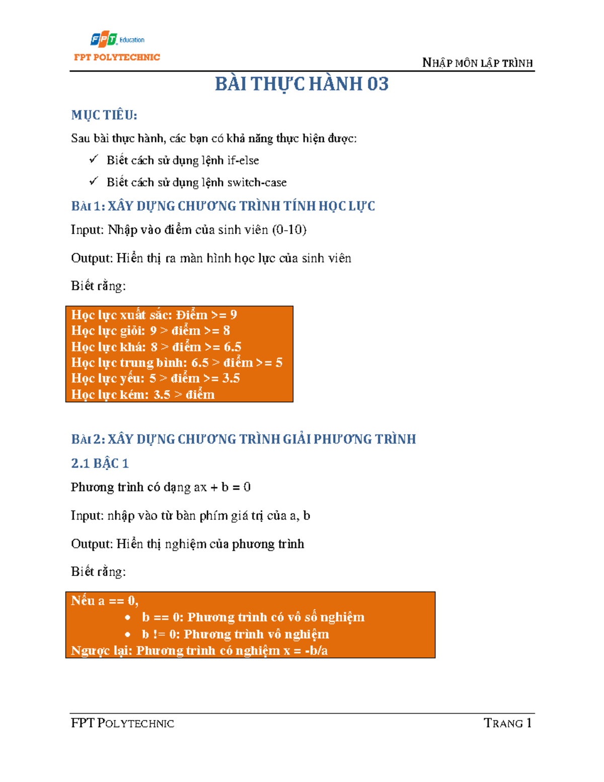 Lab 3 - bài tập asm - NHẬP MÔN LẬP TRÌNH FPT POLYTECHNIC TRANG 1 BÀI THỰC HÀNH 03 MỤC TIÊU: Sau ...