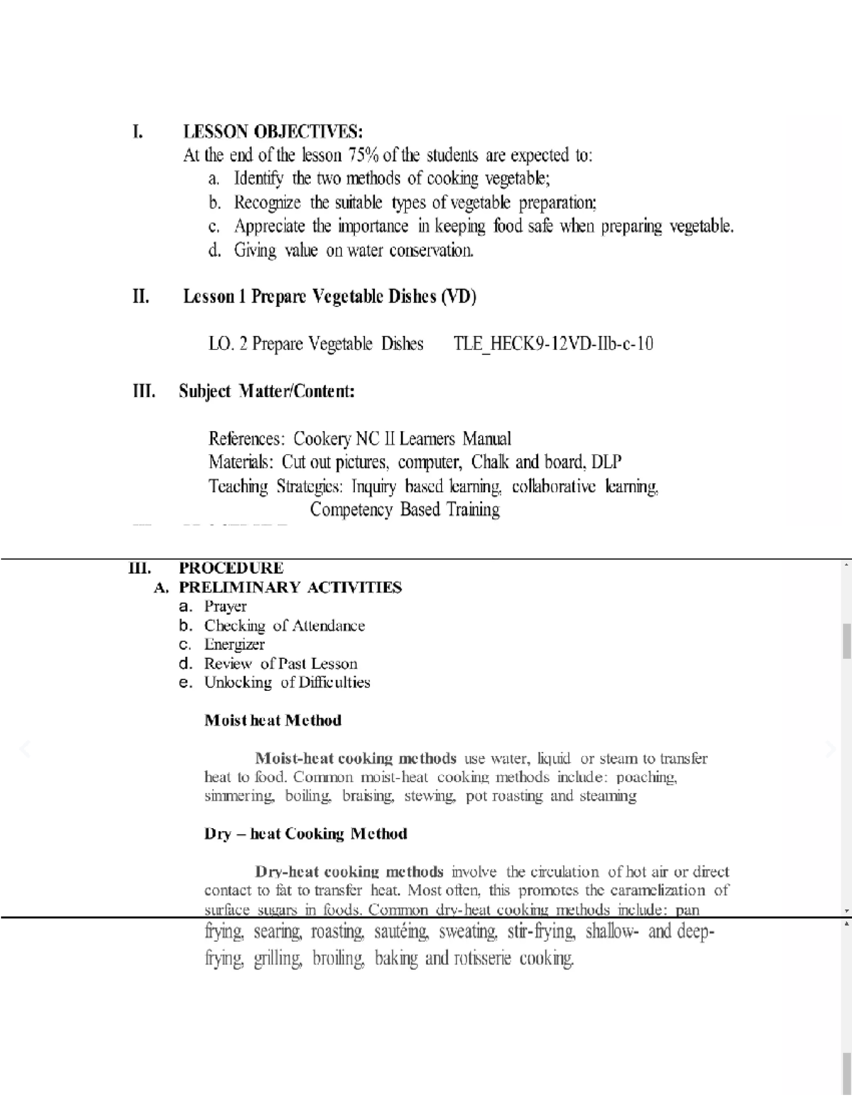 Vegetable dish lesson plan g10 - Bachelor of Secondary Education Major ...