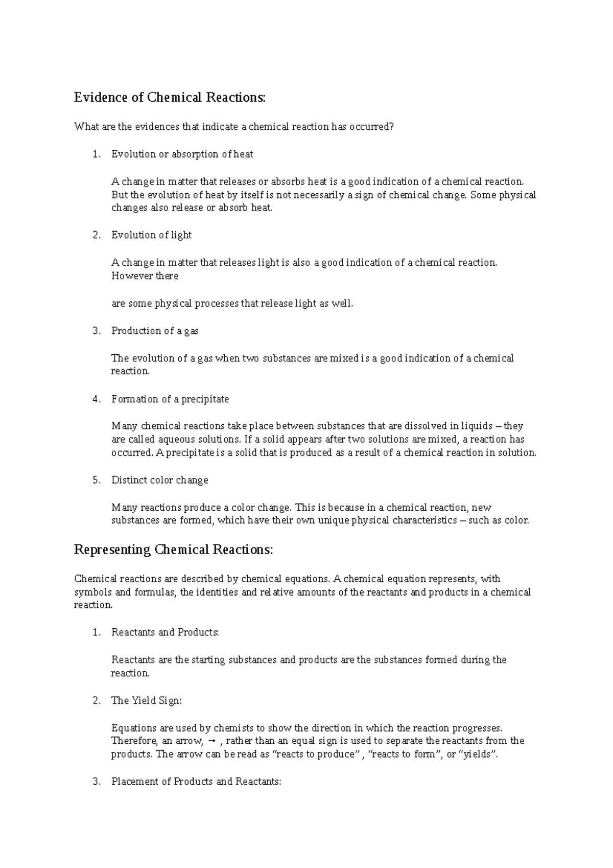 Chem notes 1-3 - Evidence of Chemical Reactions: What are the evidences ...