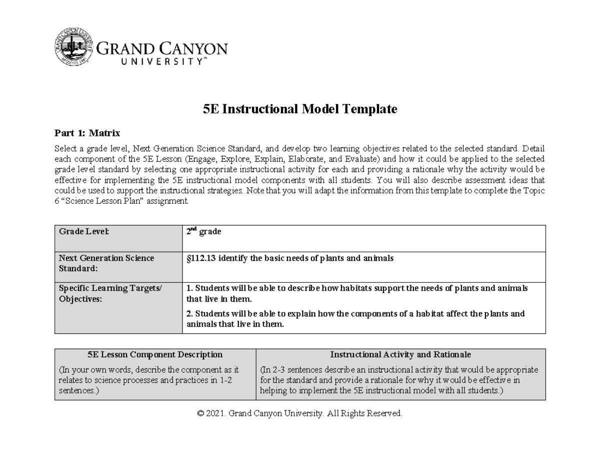 ELM 361 RS 5E Instructional Model Template - 5E Instructional Model ...