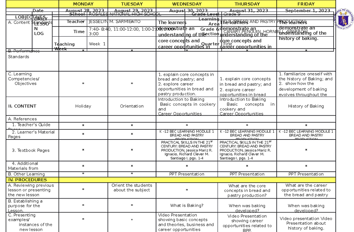 DLL9 BPP First Quarter w1 - DAILY LESSO N LOG School ROSALES NATIONAL ...