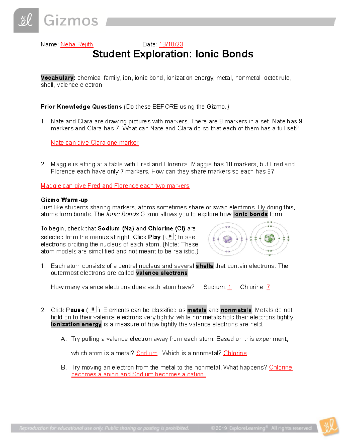Gizmo Ionic Bonds Honors - Name: Neha Rejith Date: 13/10/ Student ...