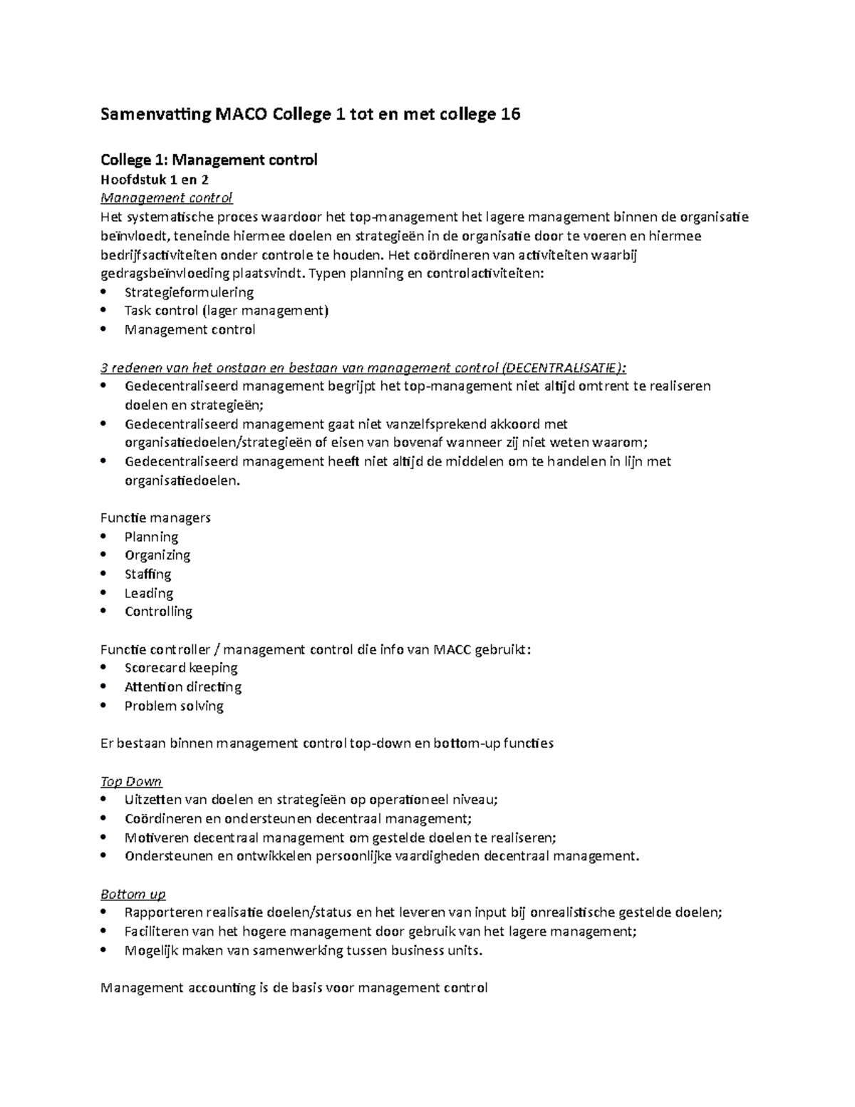 Svt MACO Coll 1 tm 16 - Management Control - Samenvatting MACO College ...