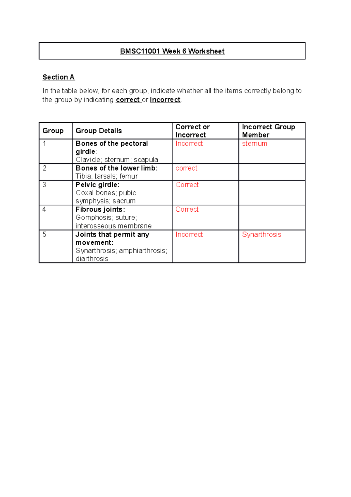 BMSC11001 Week 6 Worksheet - BMSC11001 Week 6 Worksheet Section A In ...