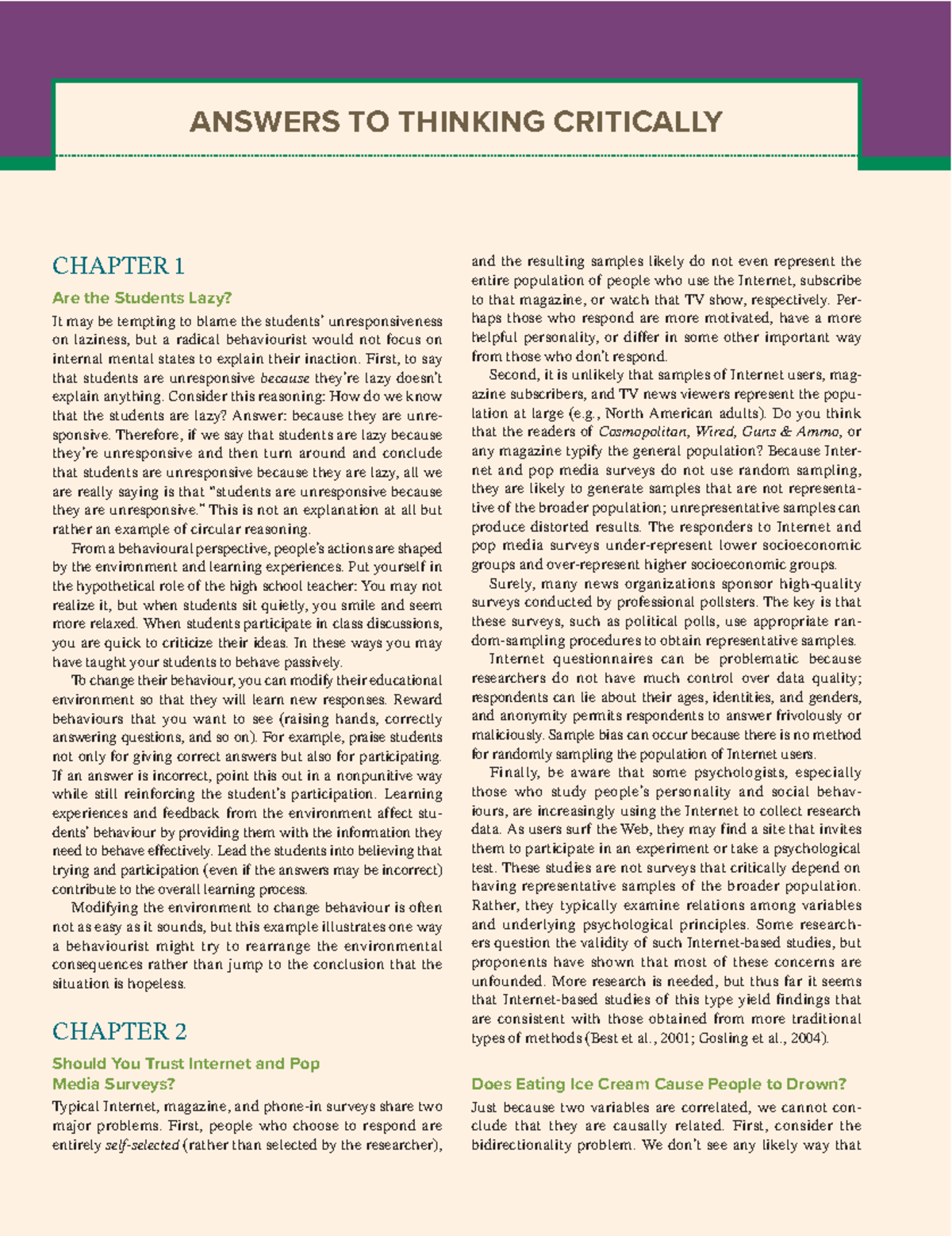 Answers to Thinking Critically - CHAPTER 1 Are the Students Lazy? It ...