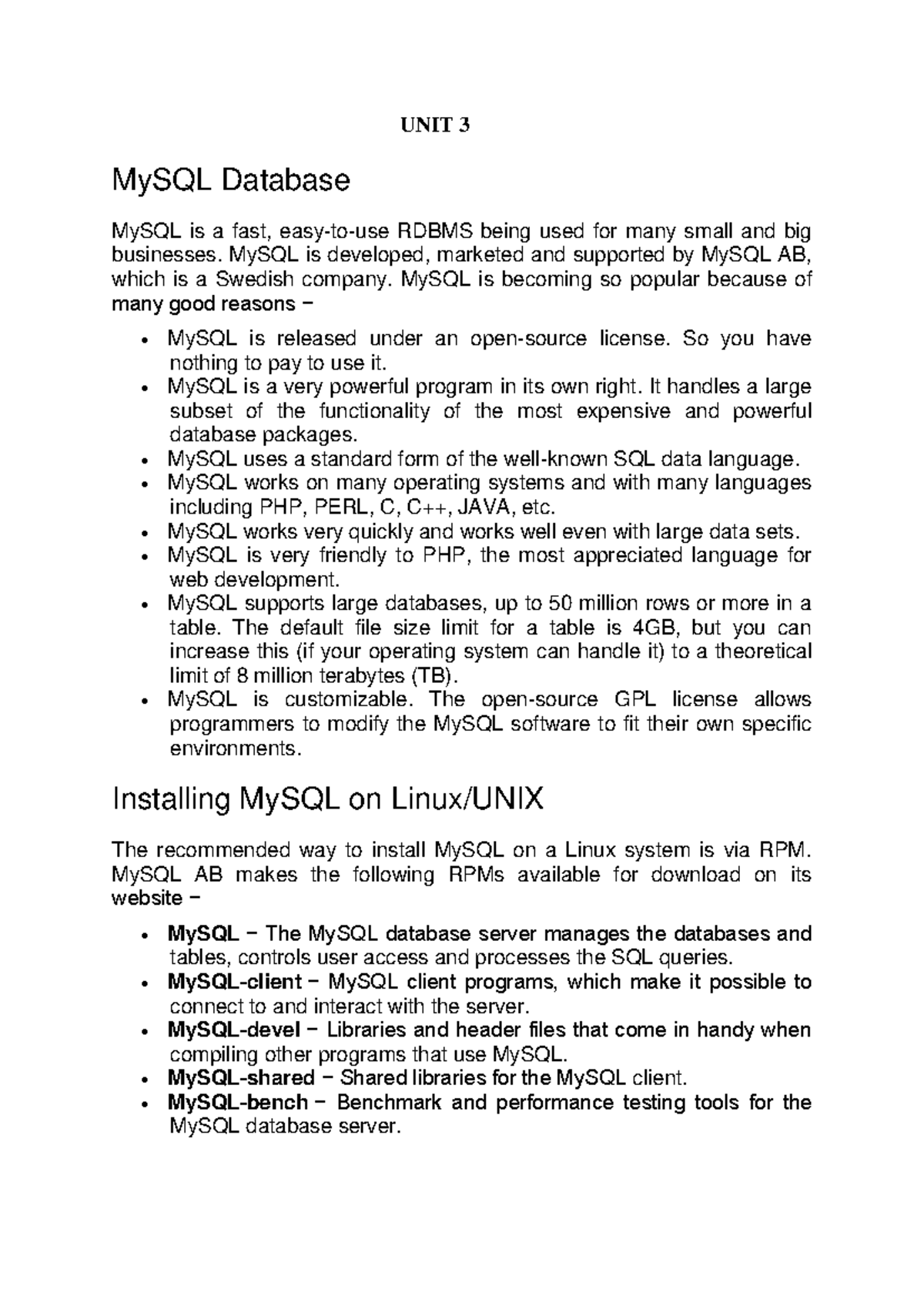 DBMS 3 - notes - UNIT 3 MySQL Database MySQL is a fast, easy-to-use ...