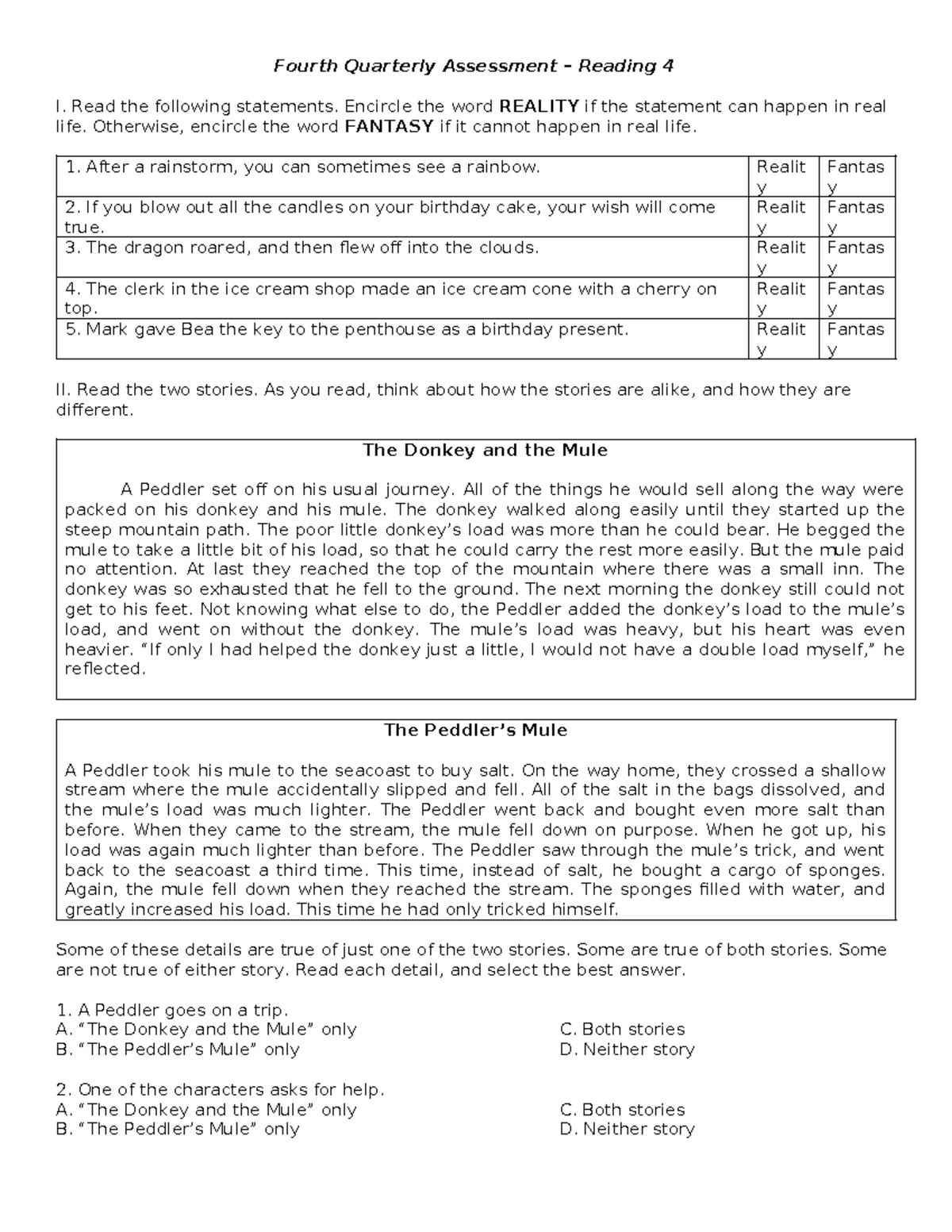 Fourth Quarterly Assessment-Reading 4 - Fourth Quarterly Assessment ...