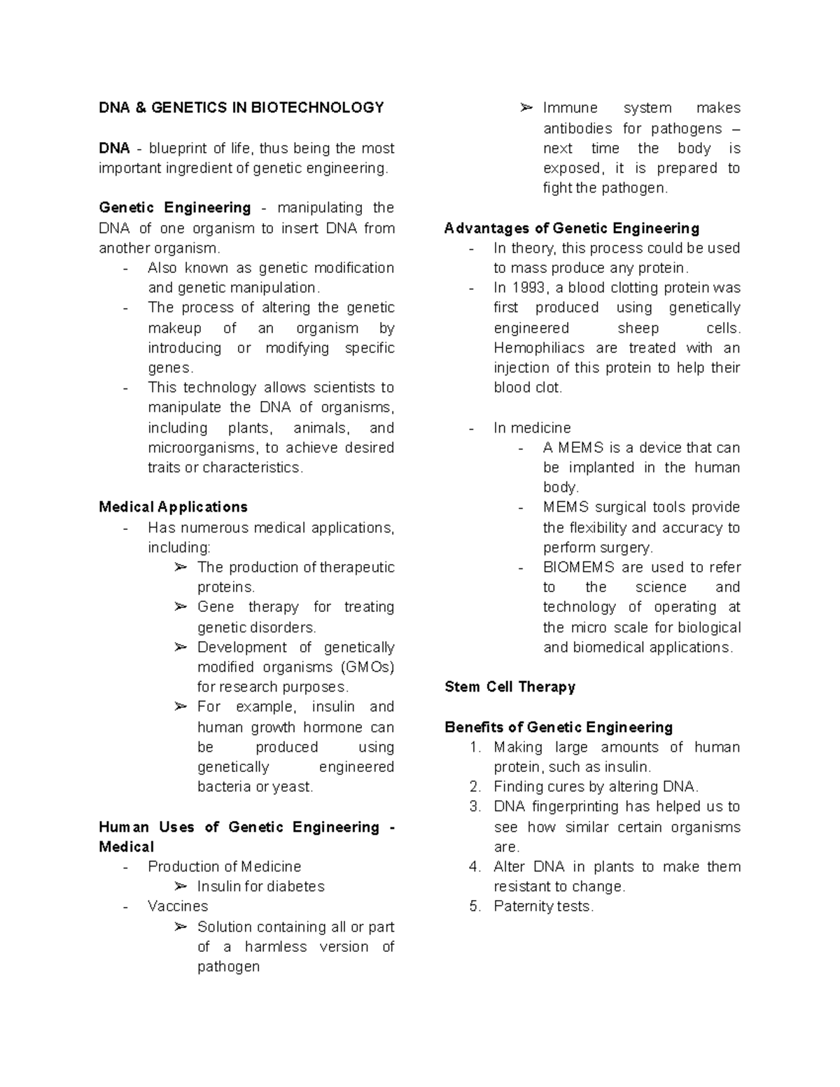 Bioethics notes - DNA & GENETICS IN BIOTECHNOLOGY DNA - blueprint of ...