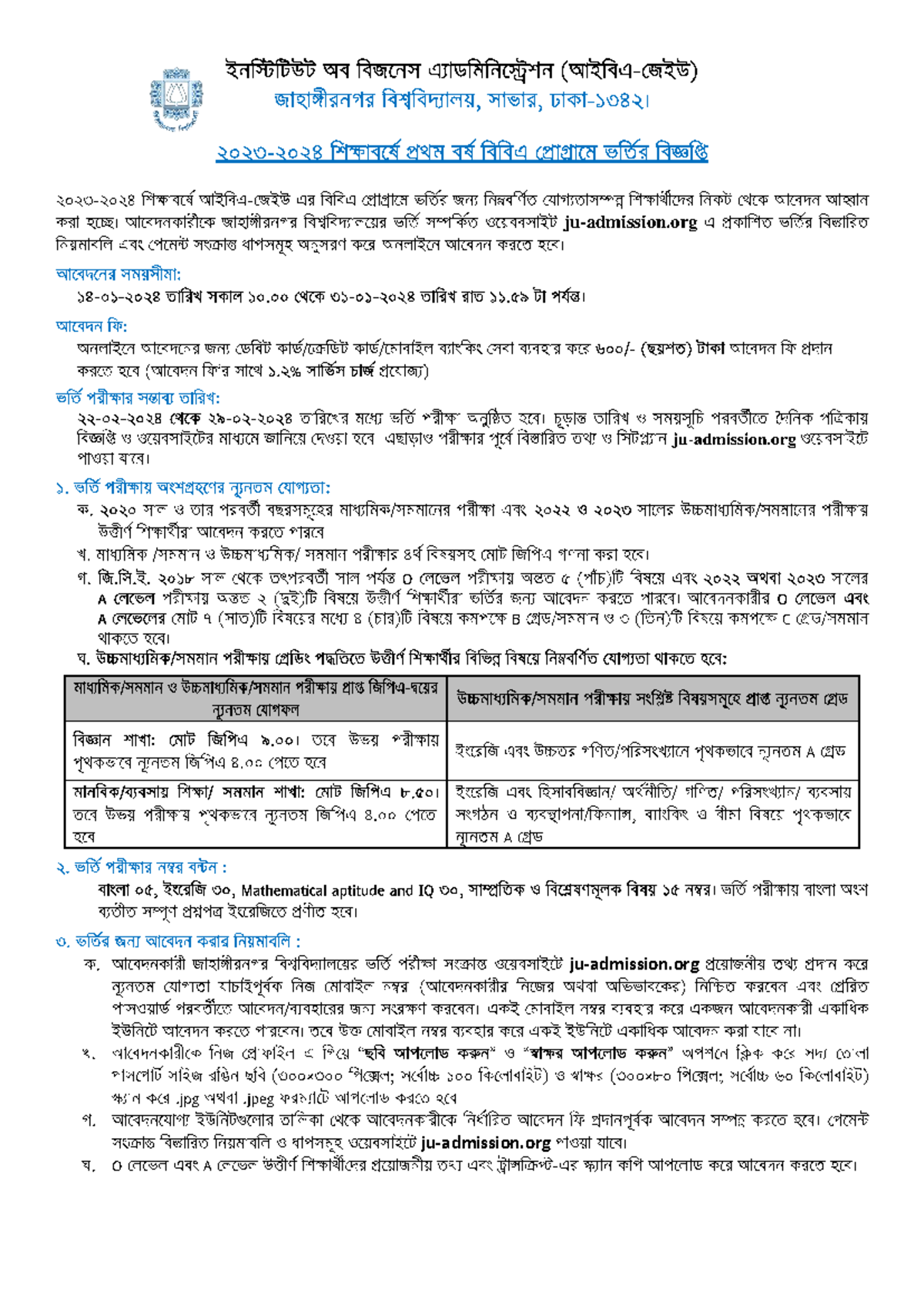 IBA-JU Admission Circular 2023-24 - Bank Management - ju-admission ju ...