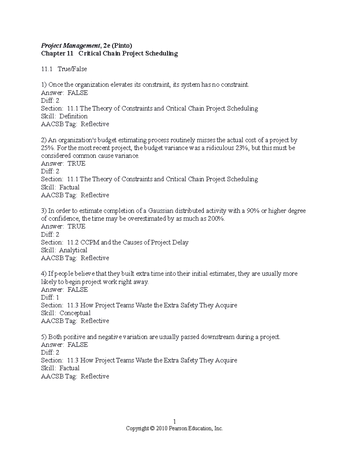 Project Management Pinto Ch11 Test Bank - Project Management , 2e ...