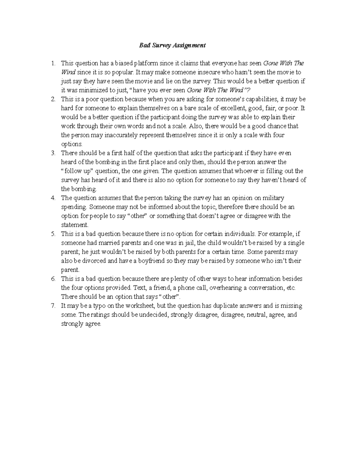 Bad Survey Assignment Worksheet - Bad Survey Assignment This question ...