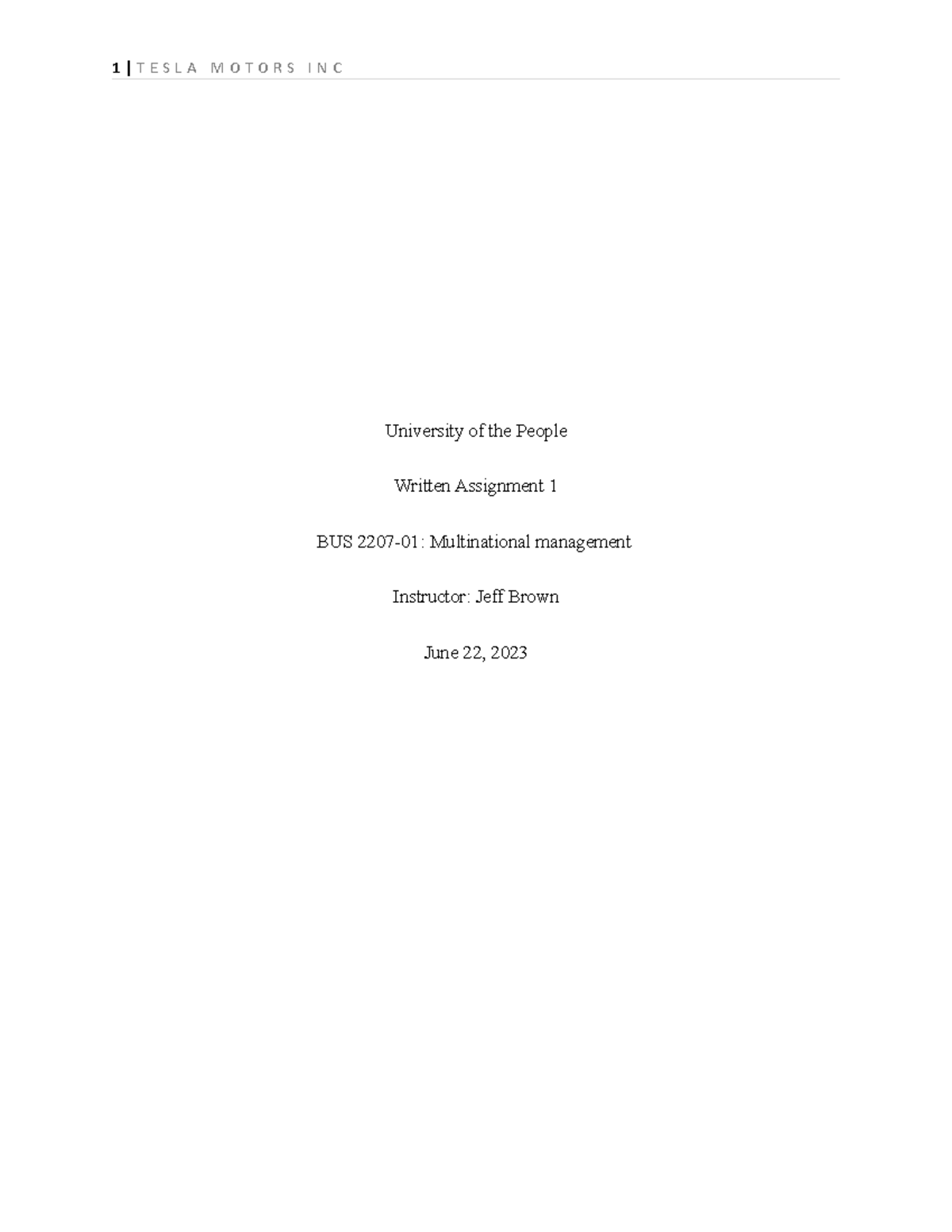 WA 1-Tesla - BUS 2207 Written Assignment - Bachelor of law - JKUAT ...