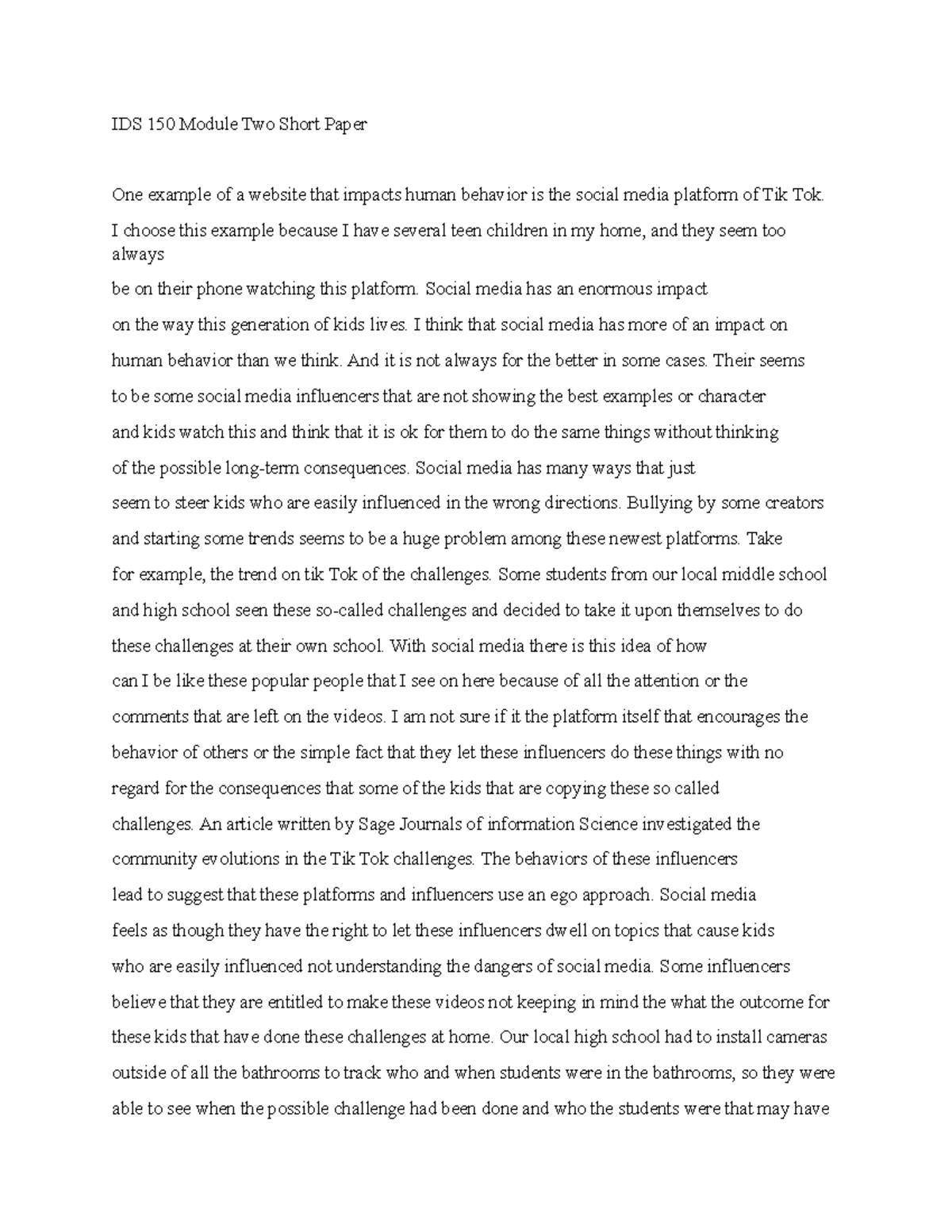 Module 2 short paper ids 150 - IDS 150 Module Two Short Paper One ...