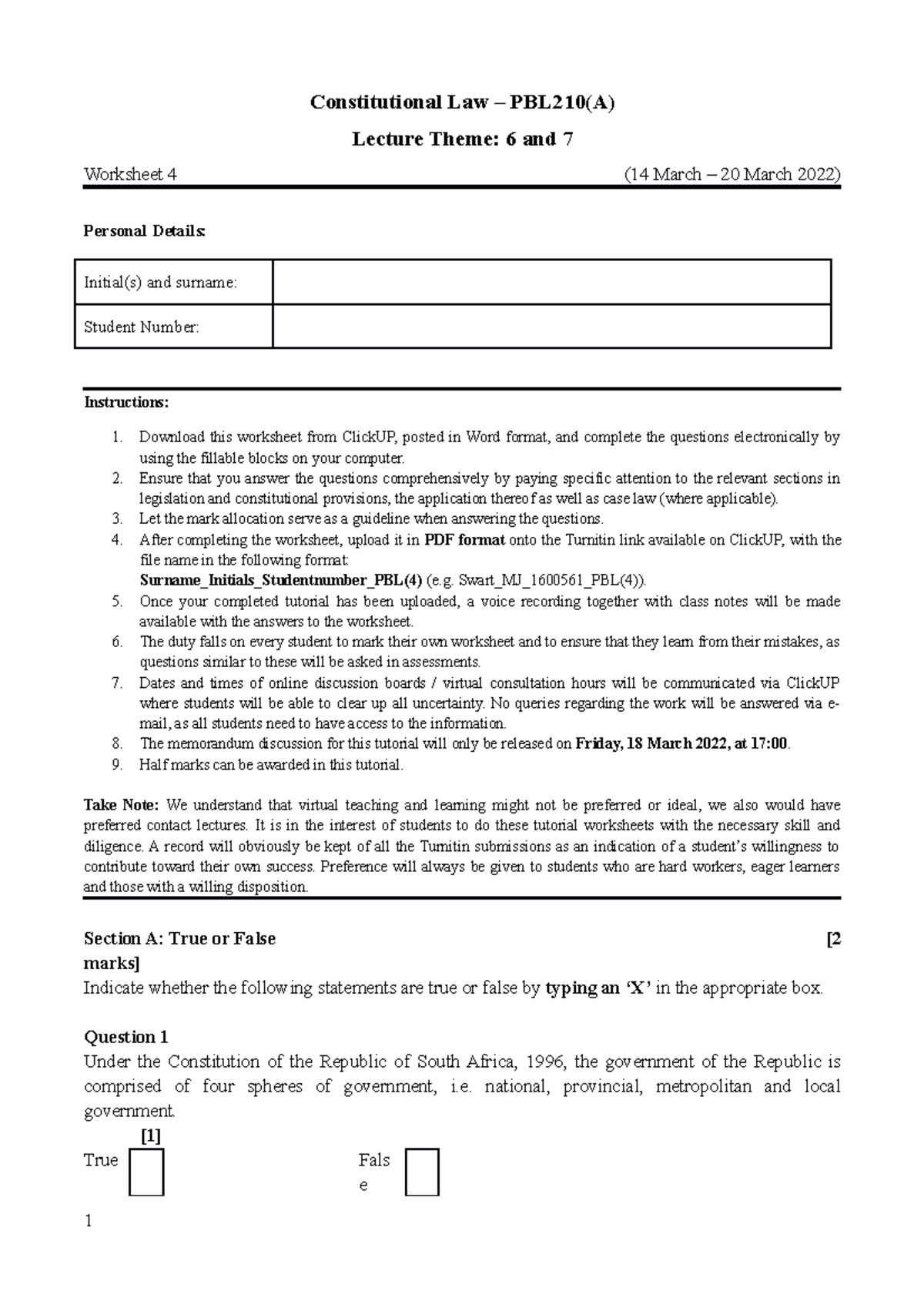 PBL Worksheet - Constitutional Law – PBL210(A) Lecture Theme: 6 and 7 ...