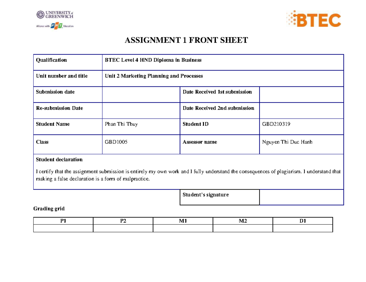 GBD1005-5033- Assignment 1-Phan Thi Thuy - ASSIGNMENT 1 FRONT SHEET Qualification BTEC Level 4 ...