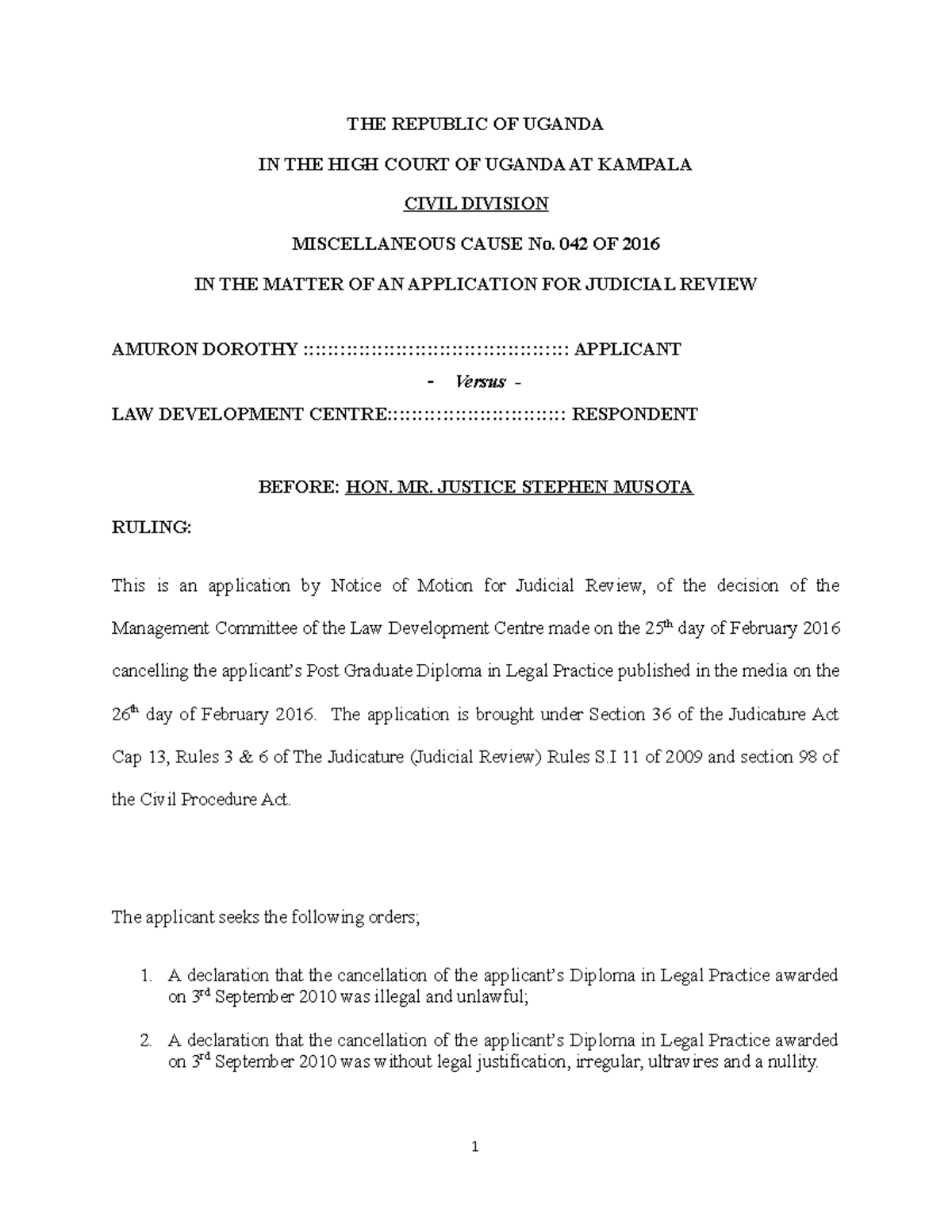 Amuron VS LDC - Summary Bachelor of Law - THE REPUBLIC OF UGANDA IN THE ...