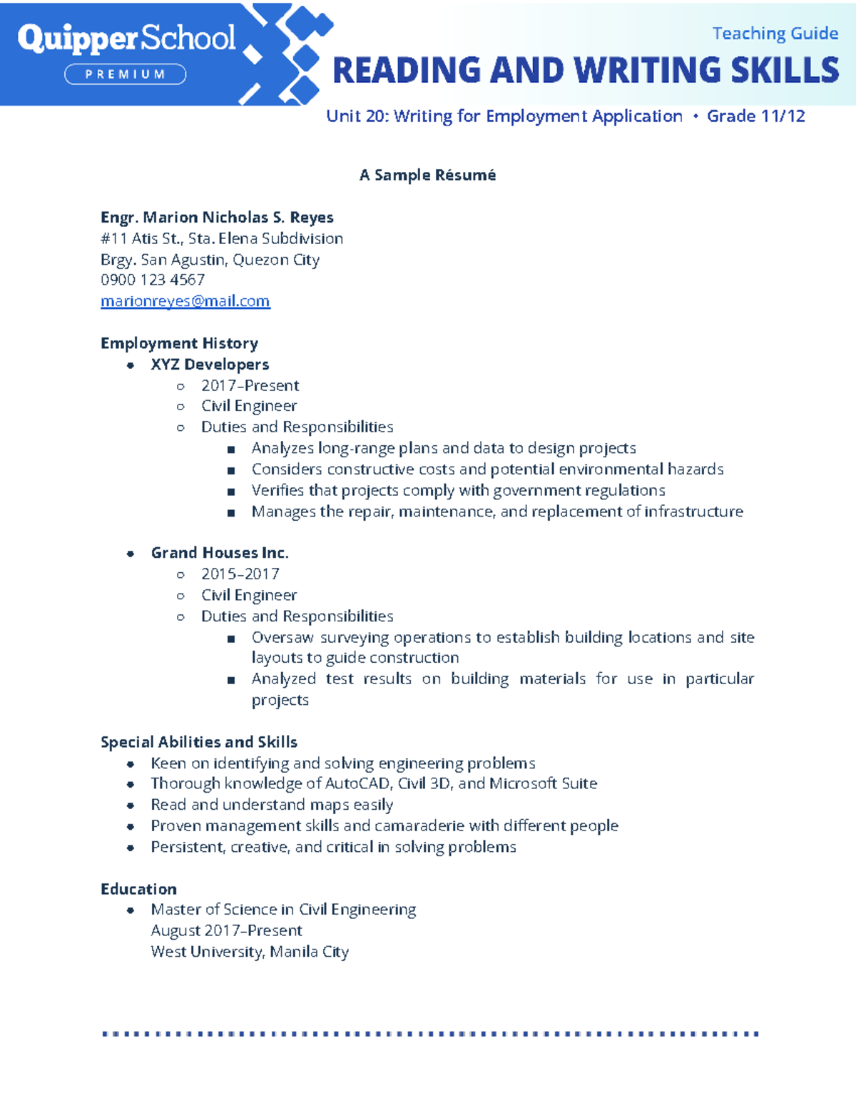 Resumé-Sample - Notes - Unit 20: Writing for Employment Application ...