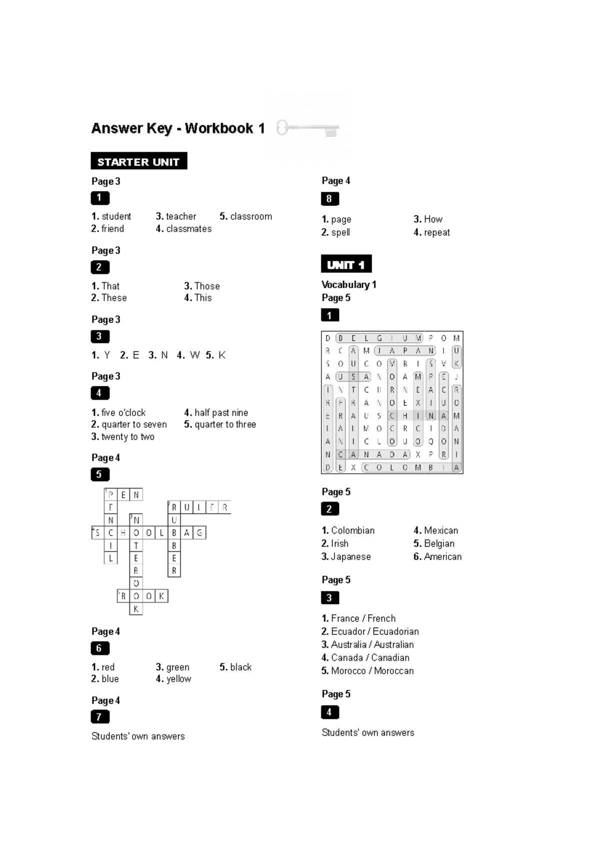 (10) Answer Key - Motivate 1 Workbook - Answer Key - Workbook 1Answer ...