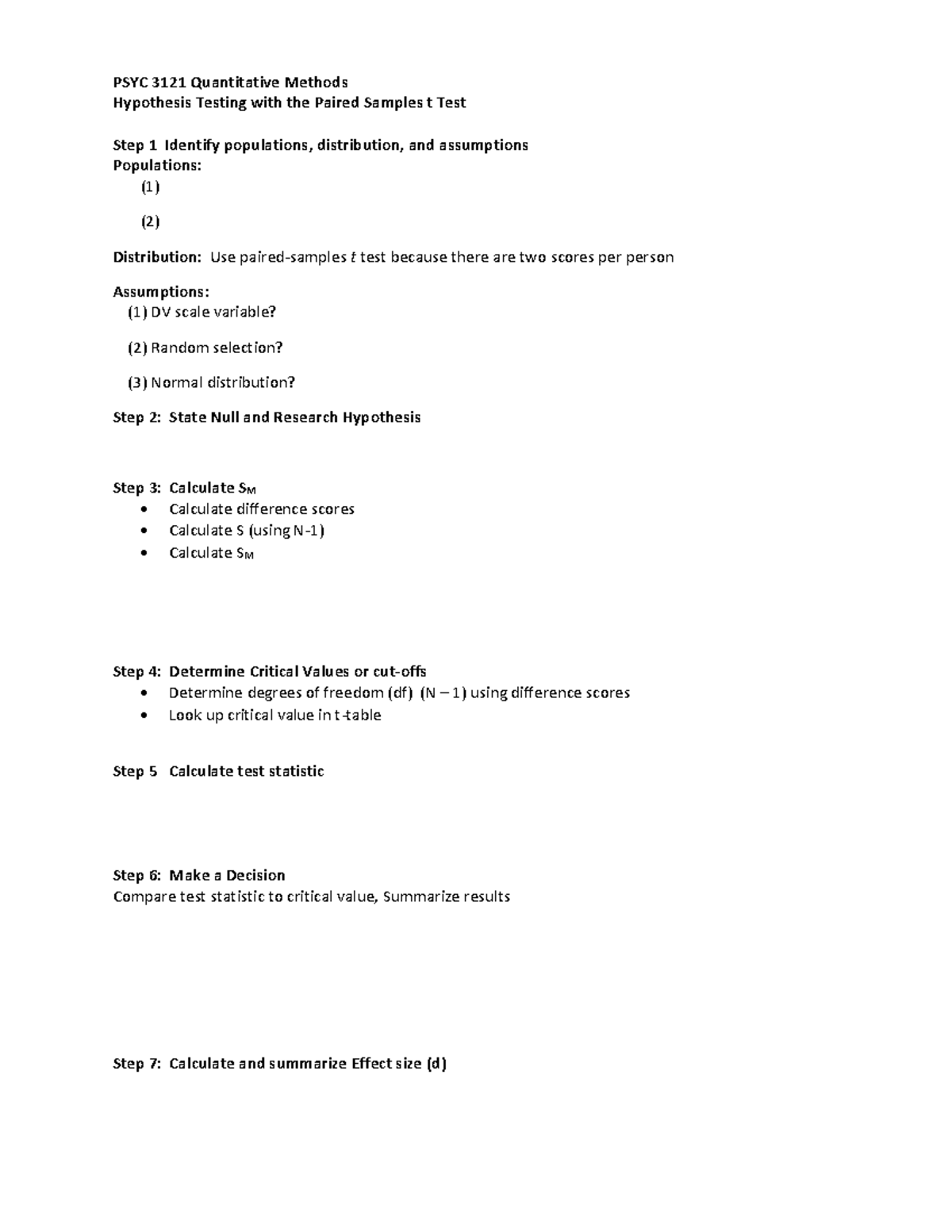 T test handout paired samples - PSYC 3121 Quantitative Methods ...