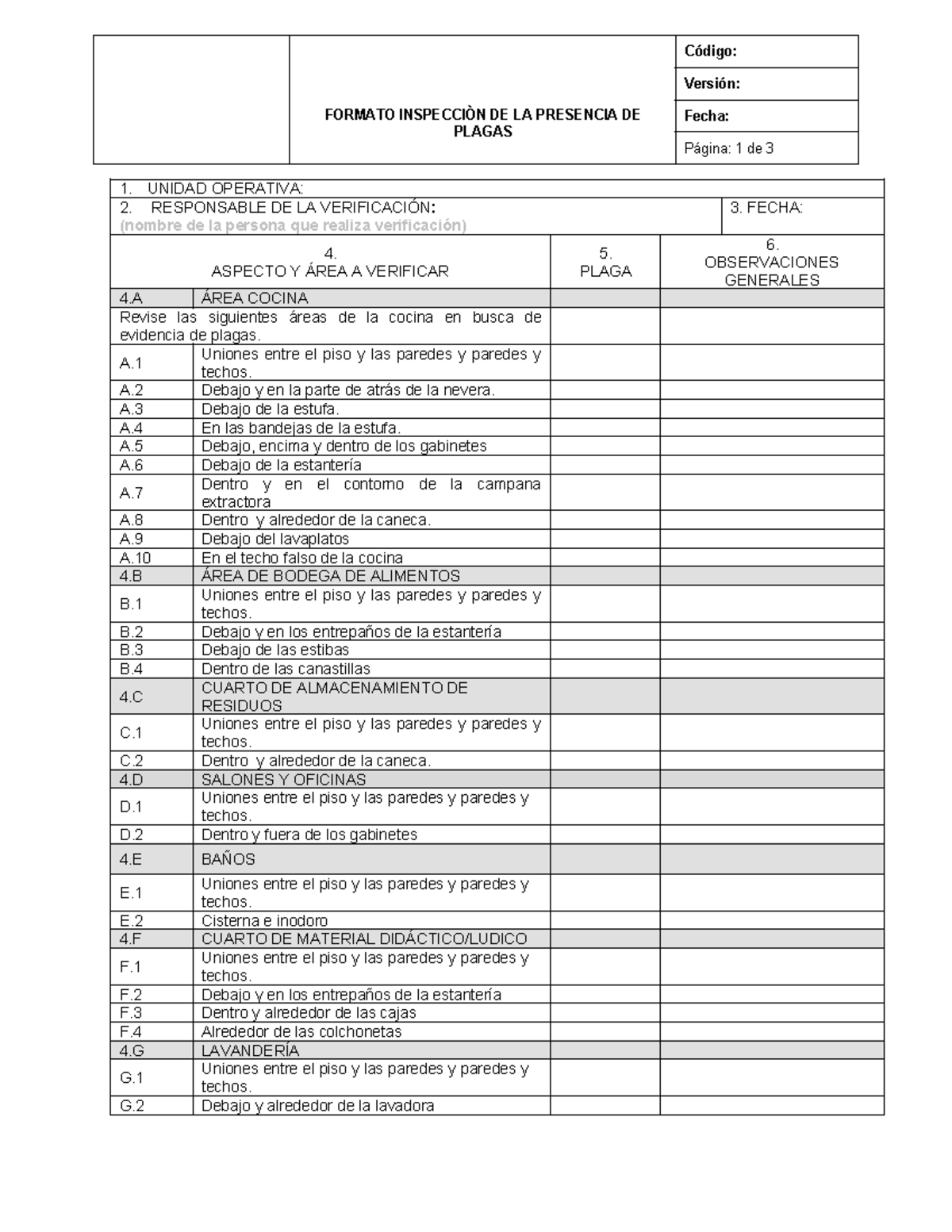 Formato inspeccion de la presencia de plagas - 1. UNIDAD OPERATIVA: 2 ...