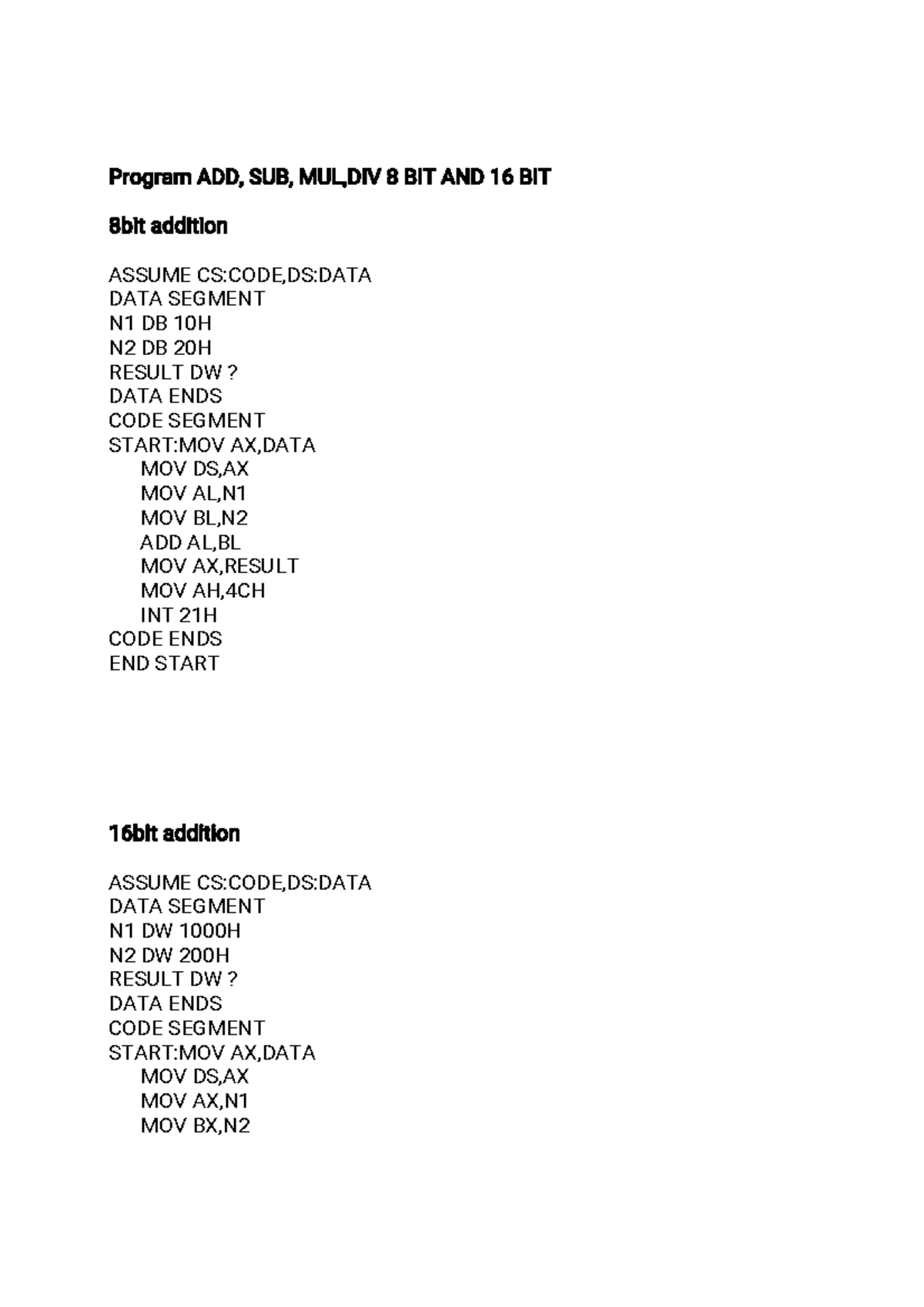 Program Add Sub Muldiv 8 Bit And 16 Bit Program Add Sub Muldiv 8
