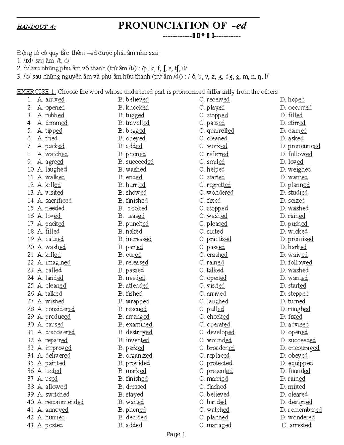 Pronunciation - Shhssh - HANDOUT 4: PRONUNCIATION OF -ed - * - Đông từ ...