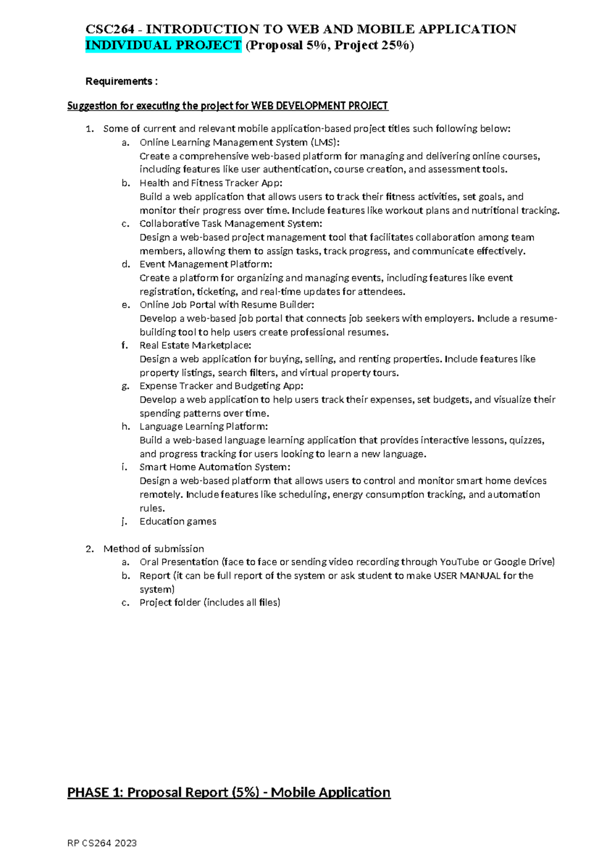 Mar 2024 Individual Project Guidelines CSC264 - CSC264 - INTRODUCTION TO WEB AND MOBILE ...