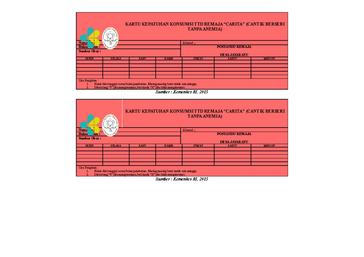Kartu Kepatuhan Konsumsi TTD Remaja - KARTU KEPATUHAN KONSUMSI TTD ...